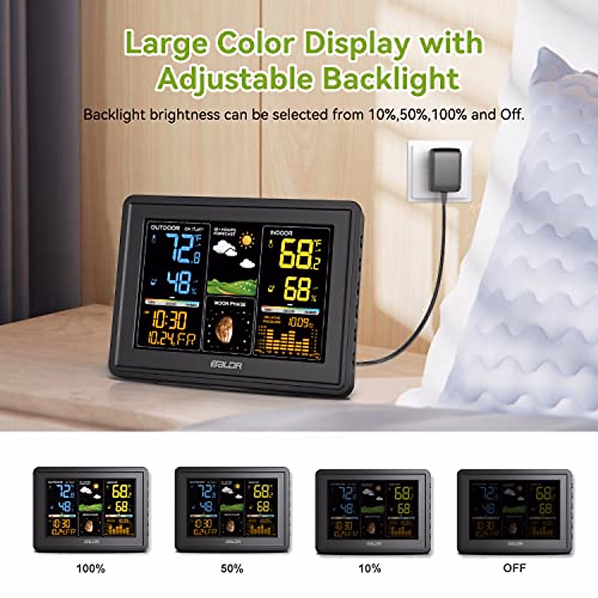 BALDR Weather Station Indoor Outdoor Thermometer Digital Color LCD Moon Phase Barometric Pressure Temperature Humidity Monitor