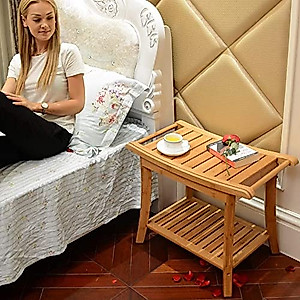 Zhuoyue Bamboo Spa Bath Shower Stool & Bench with Storage Shelf, Shower Bath Seats for Adults Seniors Women Elderly Tileable