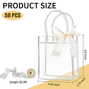 CLUEWR 50 Pack Clear Gift Bags with Handles, Reusable PVC Plastic Bags with Ribbons Transparent Party Favor Bags Gift Wrap Bags, 5.9 x 4.92 x 2.75 Inches