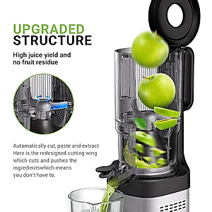 AMZCHEF Cold Press Juicer, Juicer Machines - 5.2" Large Feed Chute for Whole Fruits & Vegetables, Stainless Steel Slow Masticating Juicer Easy to Clean, Large Auger, Double Strainers, Silver