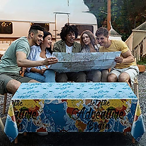 Frienda 3 Pcs Adventure Awaits Tablecloth Bon Voyage World Map Tablecloth Plastic Adventure Disposable Table Cover for Travel Retirement Wedding Graduation, 108 x 54 Inches, Blue
