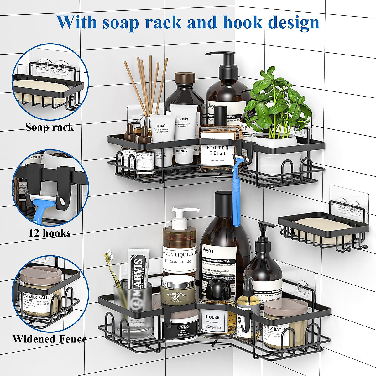 balabuki Corner Shower Caddy Organizer - Stainless Steel Adhesive Shower Shelves with Soap Dish and Hooks, 3 Pack, Black