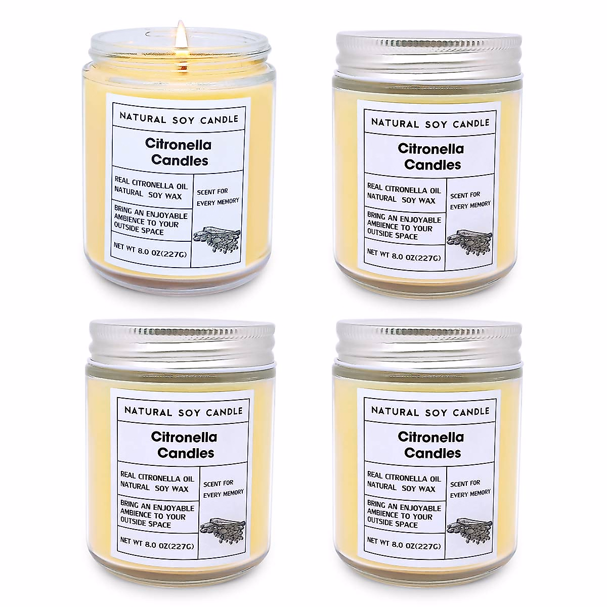 8.0 OZ Citronella Candles Outdoor Indoor, 4 Packs Natural Soy Wax Off Fly Candles in Glass Jar, Good for Home Patio Yard Garden
