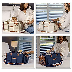 Diaper Caddy With Shoulder Strap & Entertainment Pouch Keeps Baby Still For Diaper Change. Waterproof Diaper Organizer Canvas Fabric Wipe Clean. Diaper Caddy Organizer Multiple Compartments (Beige)