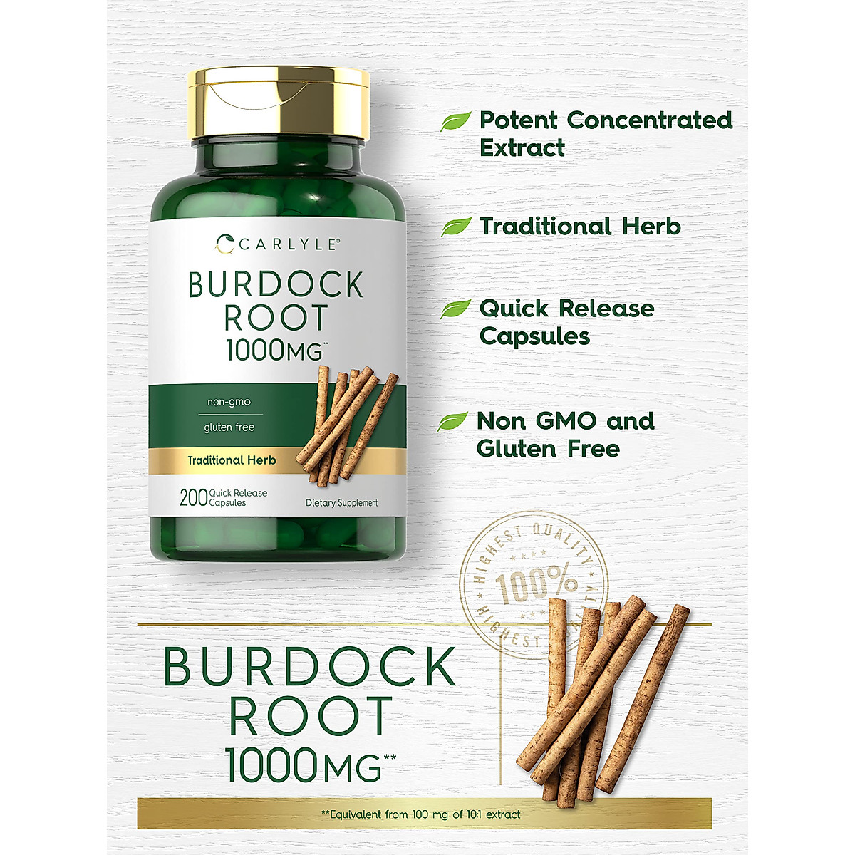 Carlyle Burdock Root | 1000 mg | 200 Capsules | Non-GMO and Gluten Free Formula | Traditional Herb Supplement | Arctium Lappa Extract