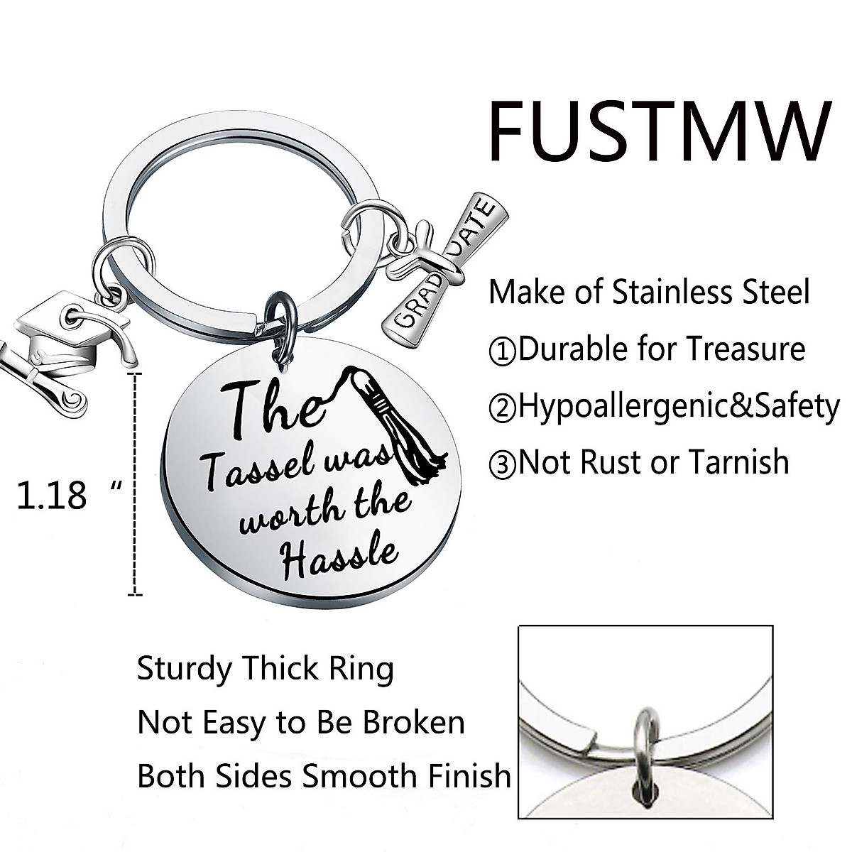 FUSTMW Graduation Gift Keychain The Tassel Was Worth the Hassle Graduation Jewelry College Graduation Gift with Grad Cap Charm (silver)