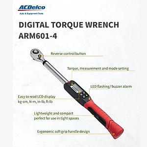 ACDelco ARM601-4 1/2” (14.8 to 147.5 ft-lbs.) Heavy Duty Digital Torque Wrench with Buzzer and LED Flash Notification – ISO 6789 Standards with Certificate of Calibration