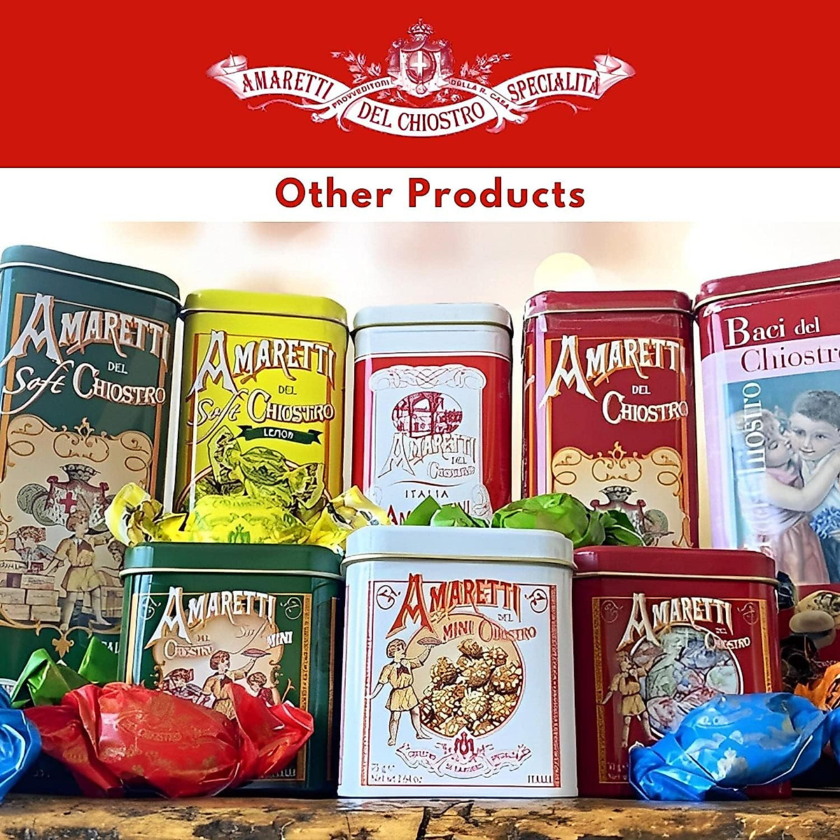 Amaretti del Chiostro Soft Cookies from Italy - Almond Sugar Cookies Individually Wrapped for Freshness - Traditional Italian Delicacies Gourmet Cookies & Gluten Free Snacks (Green Tower Tin, 6.35 oz)