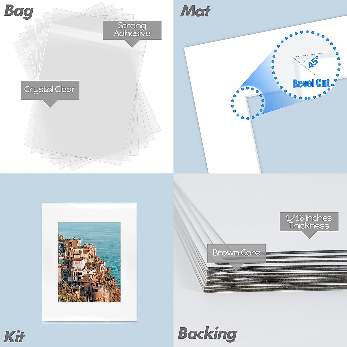 Mat Board Center, 10 Pack of White Pre-Cut Mat Board 16x20 Picture Mat for 11x14 Photo with White Core Bevel Cut Mattes Sets. Includes 10 Acid Free Mats & 10 Backing Board & 10 Clear Bags