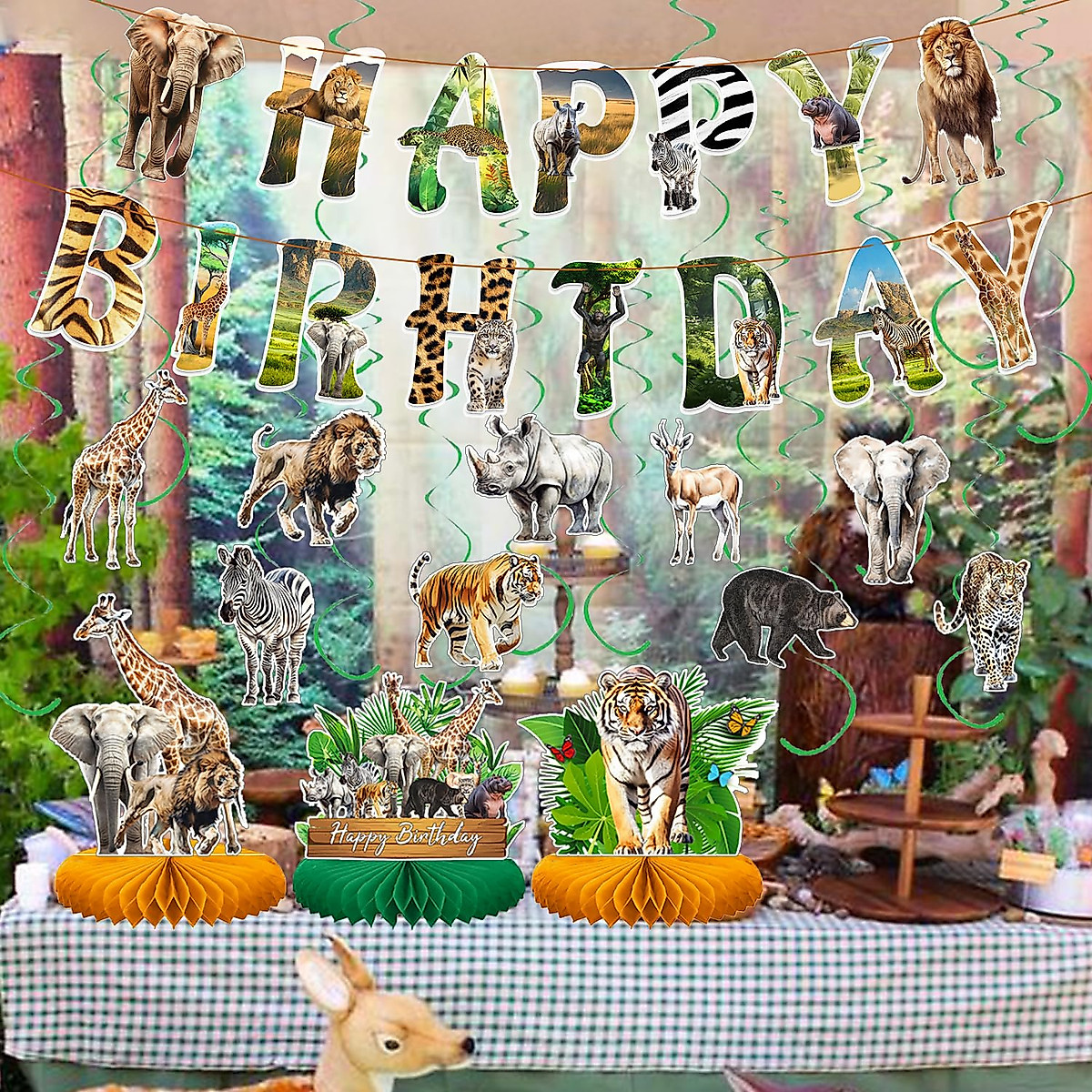 Hokiis Pre-assembled Safari Animals Birthday Decorations Jungle Animal Birthday Banner Table Decoration Honeycomb Wild Jungle Animals Colourful Swirls Cards for Wild Safari Baby Shower Decorations