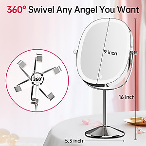 LOVESPEJO 9''Lighted Makeup Mirror with Magnification, 1X/7X Magnifying Mirror, Rechargeable Double Sided Oval LED Makeup Mirror, 3 Colors Dimmable Lighted Makeup Mirror，360° Rotation Cosmetic Mirror