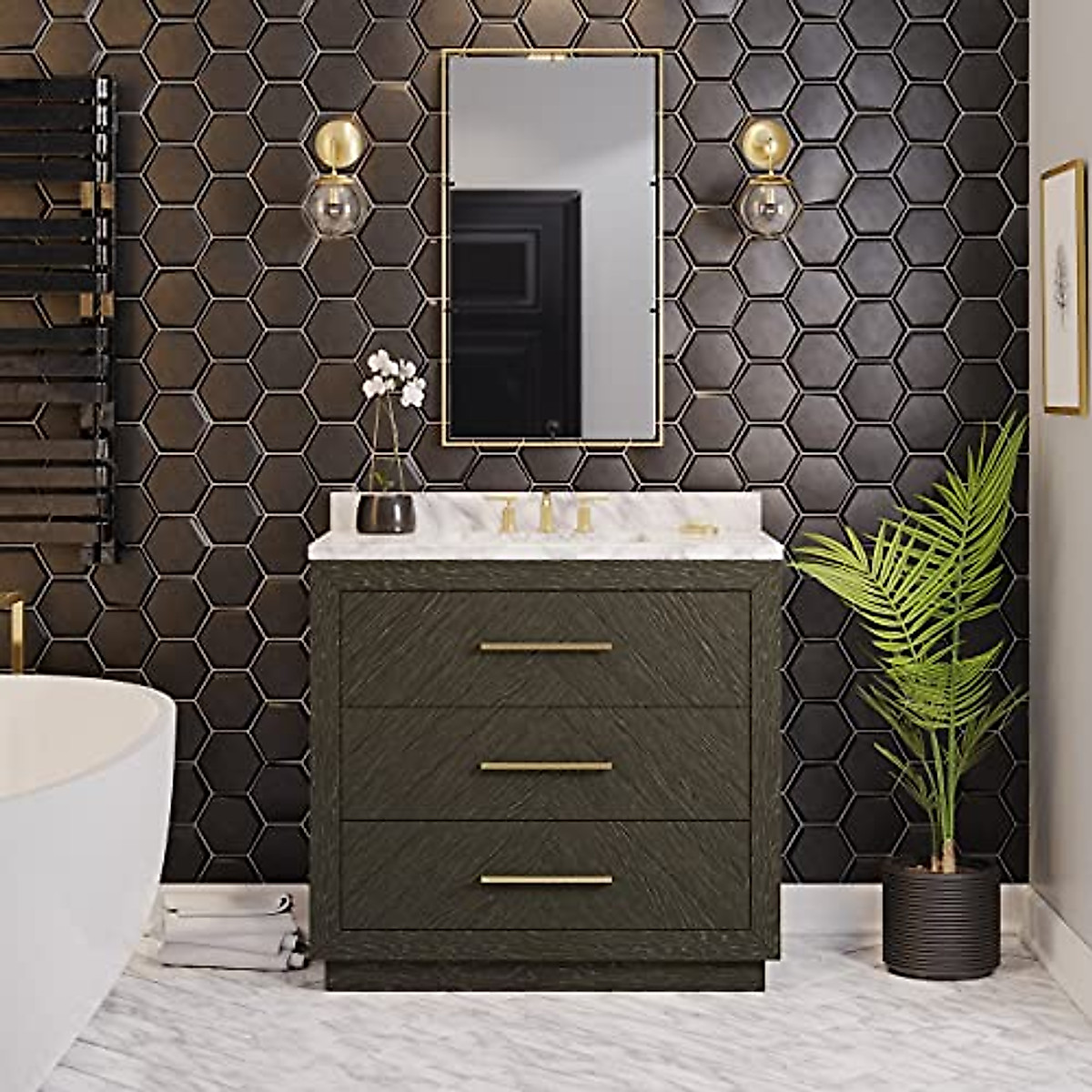 Avery 36-inch Bathroom Vanity (Carrara/Dark Oak): Includes Dark Oak Cabinet with Stunning Carrara Marble Countertop and White Ceramic Sink