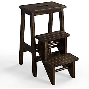 GLACER 3-Tier Folding Step Stool, Portable Wood Step Ladder for Adults & Kids, 3-in-1 Storage Shelf Flower Rack Foot Stool, Ideal for Home, Kitchen, Library (Brown)