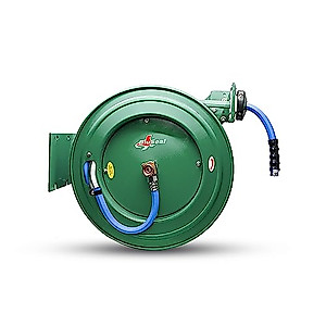 RMX BluSeal Auto Retractable Water Hose Reel with Hot & Cold Water Rubber Garden Hose, Spray Nozzle - Ultra Light, Super Strong with 6' Lead-in Hose (3/4” x 50’ Green)