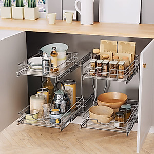 Lekind 2 Tier Pull Out Cabinet Organizer, Sliding Out Drawer Storage Shelf for Bathroom Kitchen, 12.0Wx16.5Dx16.7H-Inch