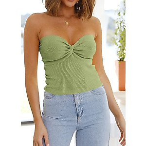 EFAN Womens Tube Tops Summer Sweater Twist Knot Front Knit Bandeau Strapless Ribbed Sleeveless Y2K Corset Crop Top Light Green S