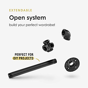 pamo Industrial Loft Design Kim III Edge Clothes Rail Over Corner Coat Rack for Walk-In Wardrobe Wall I Bedroom Clothes Rack Made of Black Sturdy Tubes for Wall Mounting