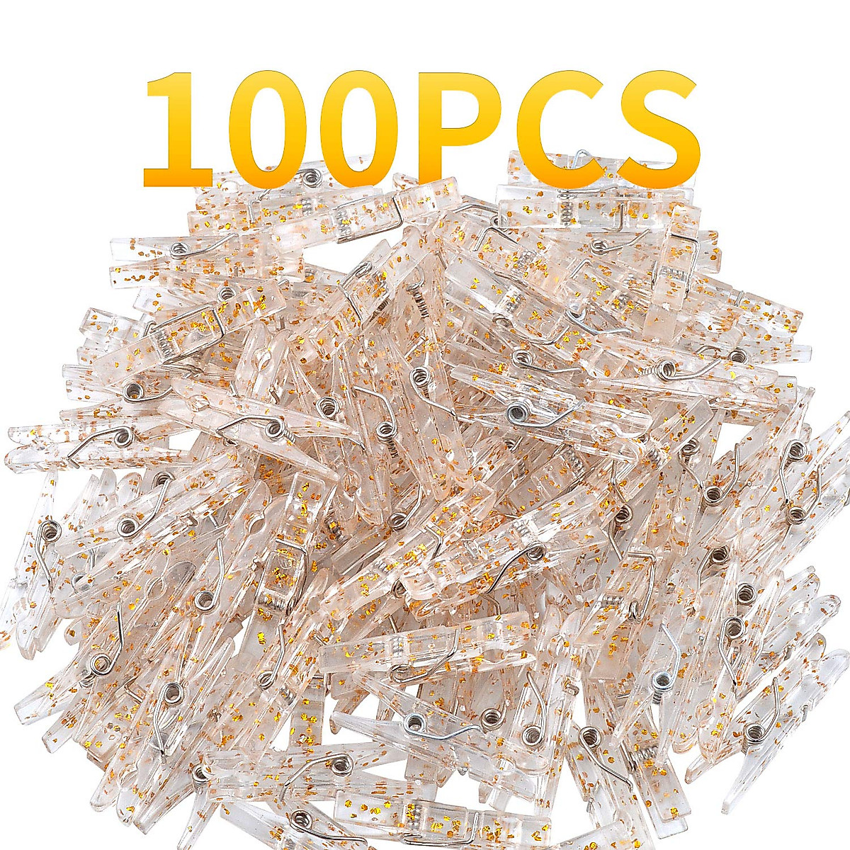 100 Pieces Clear Plastic Utility Paper Clip, Photo Paper Peg Pin, Clothes Line Clips, Craft Clips, 3.5 x 0.5cm x 0.7cm (Gold Glittered)