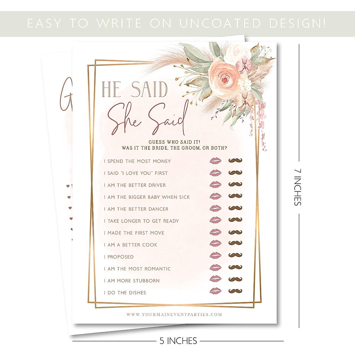 Your Main Event Prints Boho Bridal Shower Bachelorette Games - Floral Neutral Theme - He Said She Said, Find The Guest, Would She Rather, What's In Your Phone - 25 Games Each, 1 Game Per Side