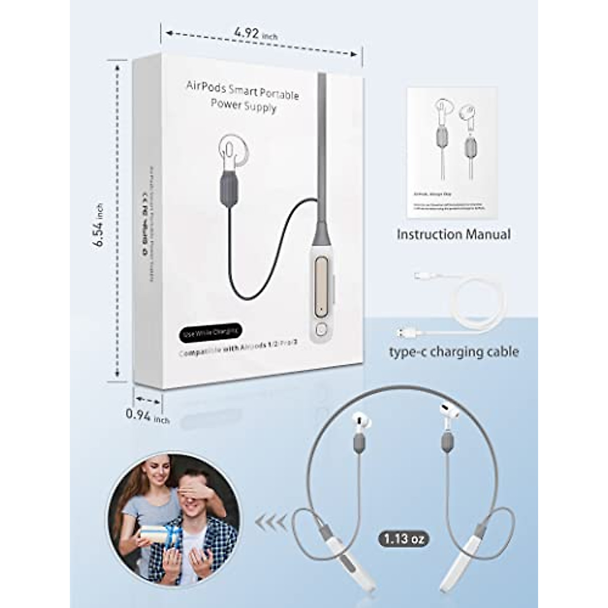 AirPods Smart Portable Charger, Neck-Mounted and Anti-Lost Straps Design for AirPods 1/2/pro/3,Not for 2022 New AirPods Pro 2.Fast Charging Accessories(AirPods not Included)