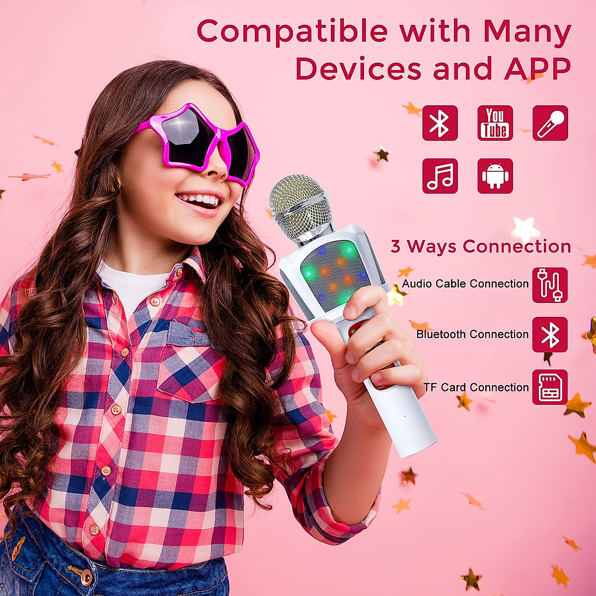 fbamz Kids Karaoke Microphone Machines Toy for 3-12 Year Girls Boys, 5 in 1 Wireless Microphone Bluetooth with LED Lights, Portable Handheld Mic Christmas Birthday Gifts for 5 6 7 8 9 10 11 Year Teens