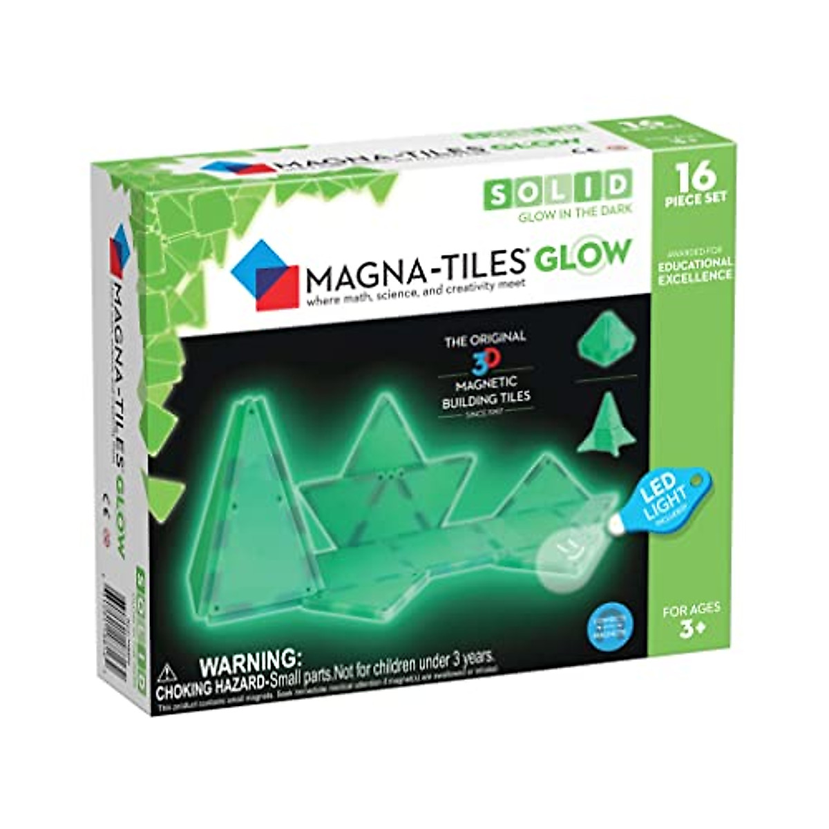 Magna-Tiles Glow In The Dark Set, The Original Magnetic Building Tiles For Creative Open-Ended Play, Educational Toys For Children Ages 3 Years + (16 Pieces + LED Light Included)