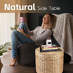 KOL Nesting Multipurpose Handwoven Storage Basket (Set of 2), Round Rattan Natural Stool/Side Table, Handwoven Organizer with Removable Lid, Dia 17"x14" H. & Dia 15"x12" H.