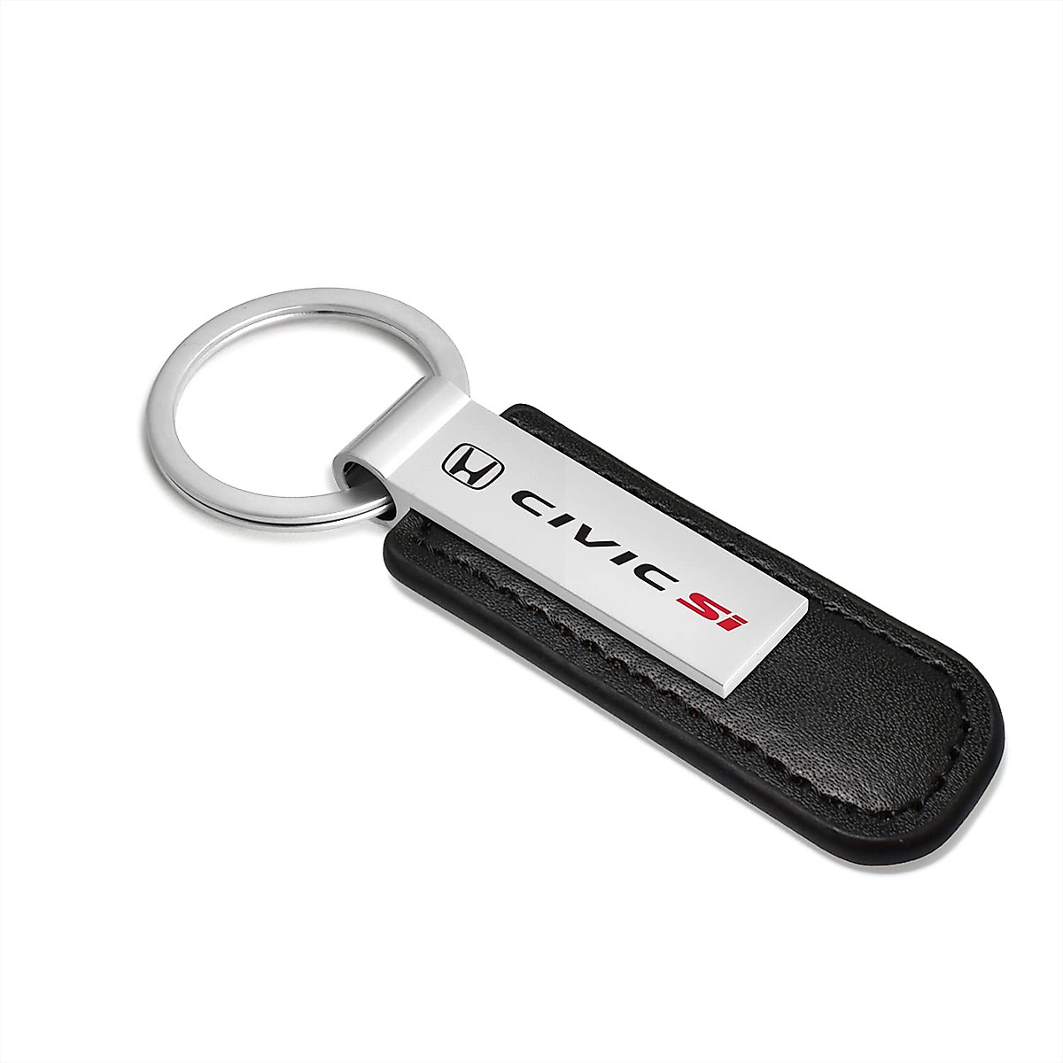 iPick Image for Honda Civic Si Silver Metal Plate Black PU Leather Strap Key Chain Keychain, Official Licensed