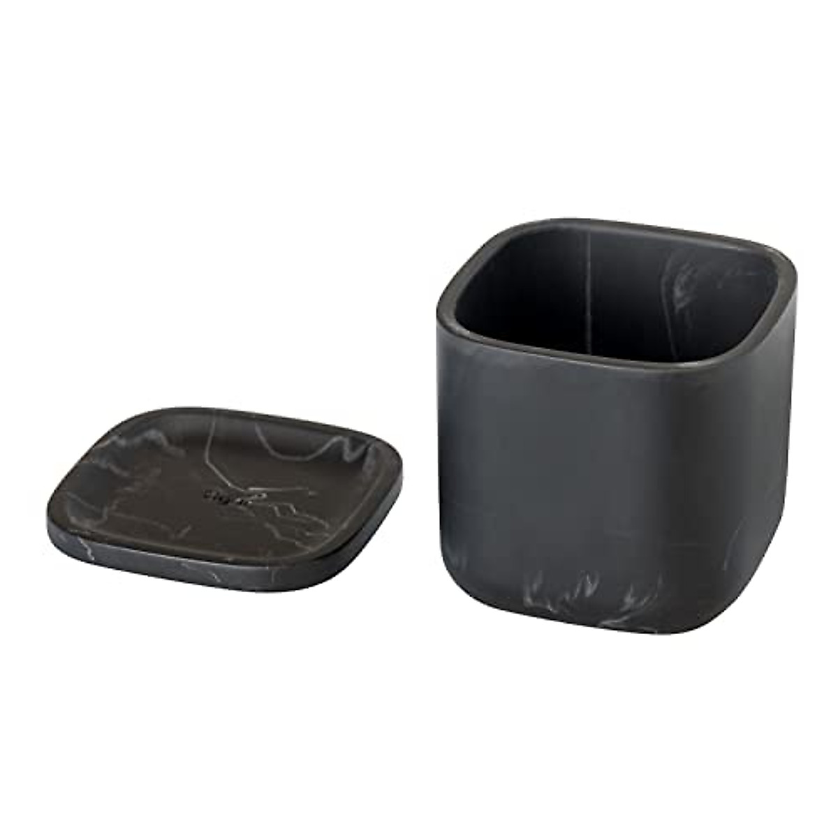 Vigar Zense Collection Black Marble Square Toiletries Container Box with Lid, Holder for Cotton Balls and Hair Accessories, for Modern Luxury Bathroom and Bedroom, Fine Polyresin Stone