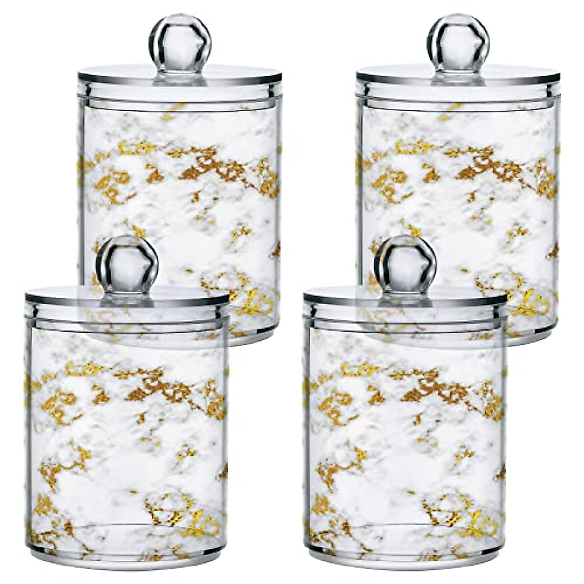 xigua Gold Marble Qtip Holder 4 Pack, 14 oz Apothecary Jars Bathroom Vanity Organizer Canister for Qtips,Cotton Swabs,Cotton Balls,Cosmetic Pads,Flossers,Bath Salts