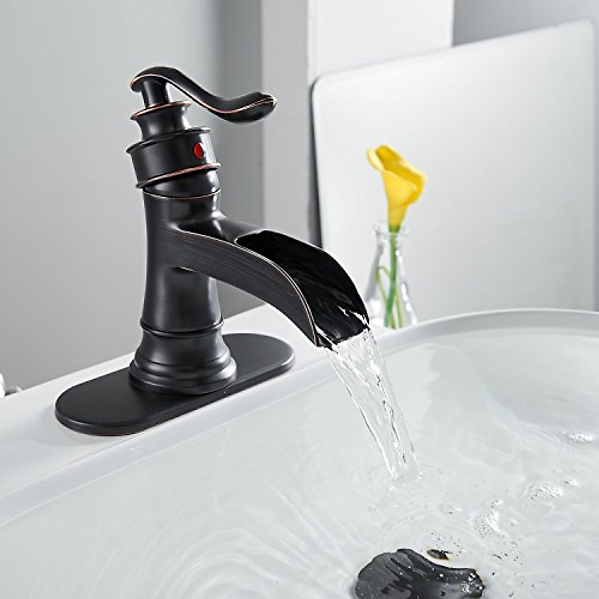 Bathroom Faucet Oil Rubbed Bronze Waterfall Sink Bath Faucets Farmhouse Spout Lavatory Vanity Deck Mount Single-Handle One Hole Matching Pop Up Drain Stopper Supply Lines Hose Lead-Free By Bathfinesse