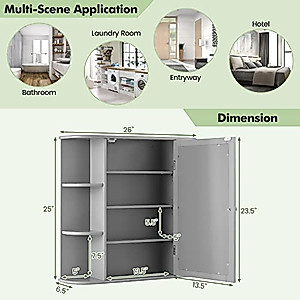 Giantex Mirrored Bathroom Medicine Cabinet - Wall Mounted Bathroom Hanging Cabinet with Single Door, 3 Adjustable Shelves, Storage Cabinet for Hallway, Living Room, Wall Cabinet Over Toilet (Gray)