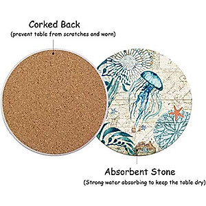 Lumuasky Set of 8 Absorbent Drink Coasters with Holder, Sea Ocean Life Coastal Beach Tropical Theme for Housewarming Apartment Kitchen Room Bar Decor, Cork Base