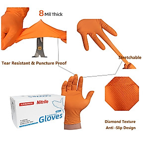 ANBOSON Rubber-Disposable 9mil Mechanix Nitrile-Gloves Heavy-Duty - Chemical-Resistant Diamond Texture, Mechanics, Automotive(Orange of 100,Small)