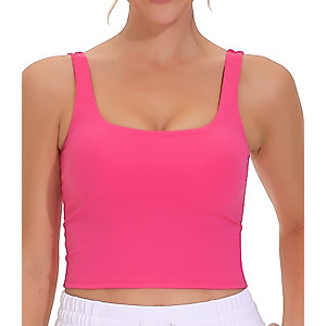 THE GYM PEOPLE Women's Square Neck Longline Sports Bra Workout Removable Padded Yoga Crop Tank Tops Bright Pink