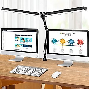 JOSTIC Double Head LED Desk Lamp with Clamp, Desk Lamps for Home Office, 5 Color Modes, 10 Brightness, Architect Task Lamp, Modern Swing Arm Workbench Office Lighting, Dimmable Brightest Light, Black