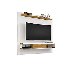 Manhattan Comfort Camberly 62.36" Floating Entertainment Center with 3 Shelves and Overhead Décor Shelf, White and Cinnamon