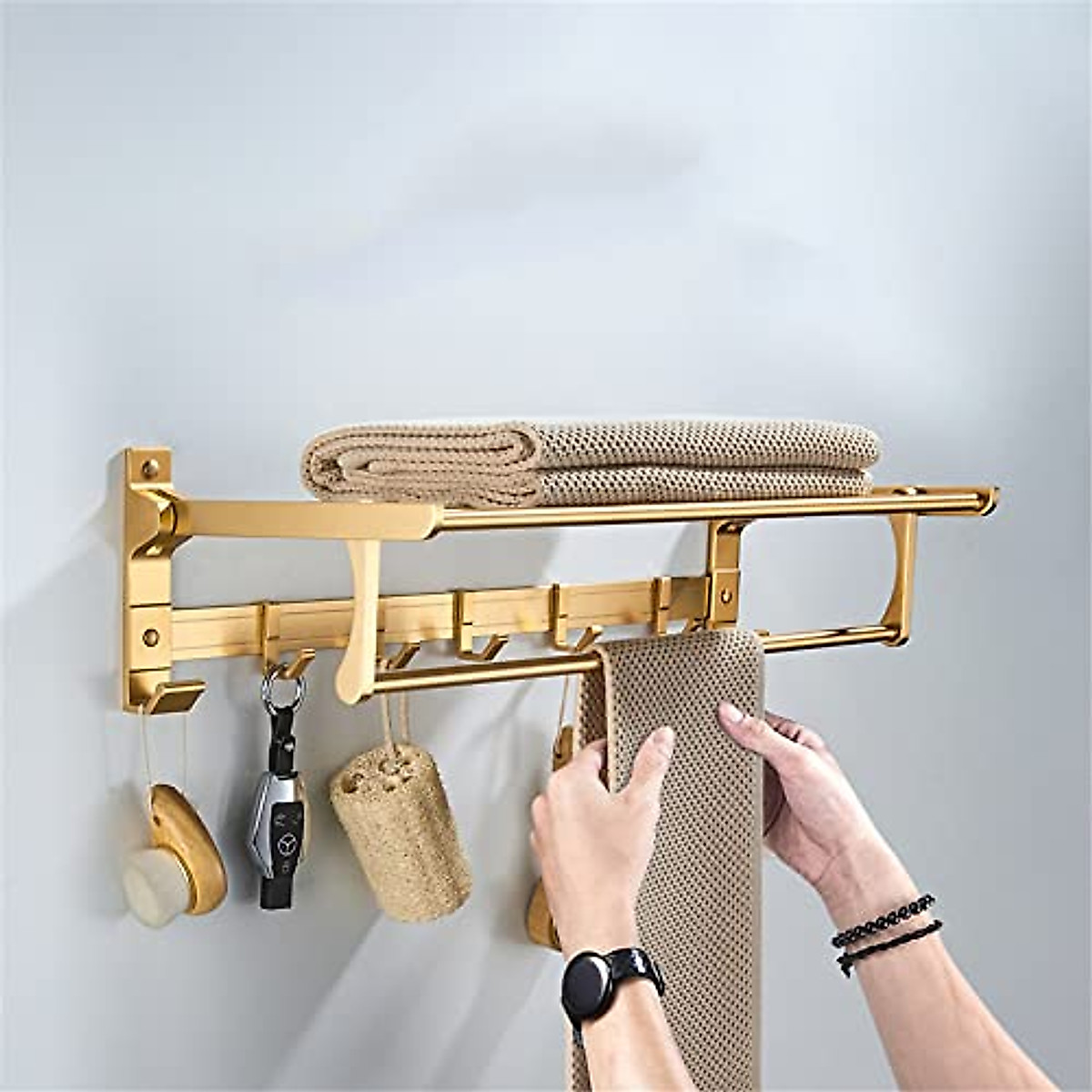 WANLIAN Towel Rack for Bathroom Adjustable 20 Inch Dual Towel Shelf with Double Bar Wall Mounted Stainless Steel Bath Towel Shelf Rack with Hooks Hotel Style Brass Gold (Gold)