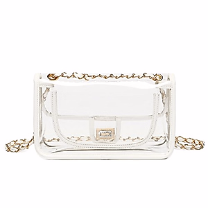 LAM GALLERY Womens PVC Clear Purse Handbag with Chain Stadium Approved Clear Bag See Through Bag for Working and Concert (White Gold Large)