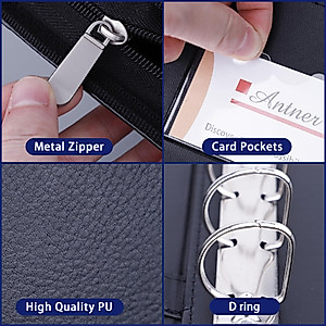 Antner Zippered 7 Ring Business Check Binder Portfolio for 3-Up Business Size Checks, PU Leather 7 Ring Checkbook Binder 600 Checks Capacity for 9 × 13 Inch Sheets, Built-in Storage Organizer, Black