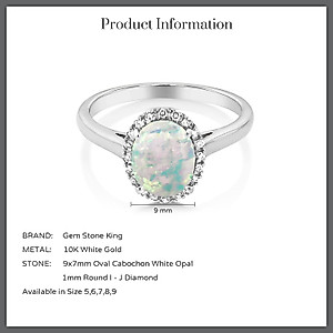 Gem Stone King 10K White Gold White Simulated Opal and Diamond Engagement Ring For Women (0.60 Cttw, Oval Cabochon 9X7MM) (Size 7)