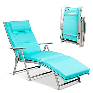Giantex Chaise Lounge Chair for Outside, Pool Folding Reclining Beach Chair W/Removable Cushion&Headrest Pillow, Outdoor Lounge Chaise w/ 7 Backrest Positions, Portable Patio Lounger (1, Turquoise)