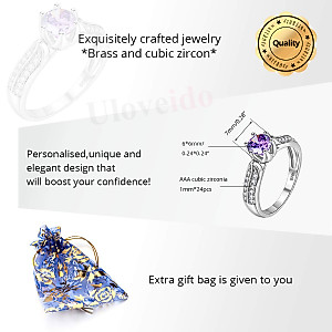 Uloveido Bridal Wedding Jewelry Rings with Purple Crystal White Gold Plated Engagement Anniversary Halo Rings for Women Size 6 Y027