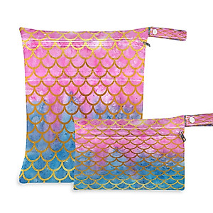 Sea Mermaid Scales Wet Dry Bags Sets Colorful Cute Baby Cloth Diaper Bag Waterproof Reusable Organizer with Two Zippered Pockets Beach Travel Washable Bag for Swimsuits Wet Clothes 2 pcs