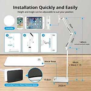 Spessn Adjustable Tablet Floor Stand Universal 360-degree Rotatable Metal Tablet Holder Phone Stand Compatible iPad/iPhoneX/iPad Pro 4.5~12.9 Inch-Screen, Phone, Kindle (White)