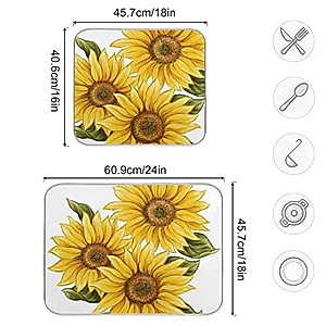 Absorbent Dish Drying Mat for Kitchen Counter - Yellow Sunflower Microfiber Drying Pad, Reversible Drainer Mats for Countertop, Small 16" x 18"
