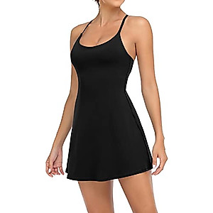Workout Tennis Dress for Women with Built-in Bra Shorts, Adjustable Shoulder Straps and Pockets Black