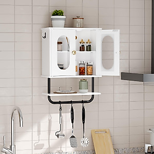 Creso hom Medicine Cabinet, Wood Bathroom Wall Cabinet with Adjustable Shelf and Hooks, Towel Bar, 3 Tier Bathroom Cabinet Wall Mount Storage Cabinets for Living Room, Bedroom, Kitchen, White