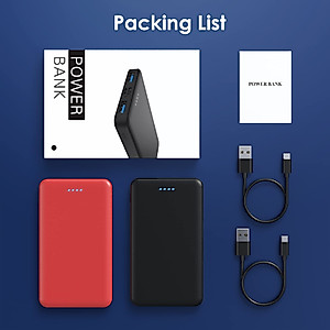 [2 Pack] Portable Charger Power Bank 10000mAh,Ultra Slim Compact External Battery Pack with USB C Input & Dual USB Outputs Backup Charger Compatible with iPhone 13,12, Samsung S20,Tablet-Black+Red