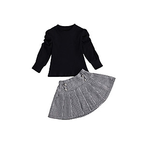 Sasaerucure Kids Toddler Baby Girl Outfit Knitted Long Puff Sleeve Sweater Tops with Houndstooth Skirt 2pcs Winter Spring Clothes Set (Black, 6-7 Years)